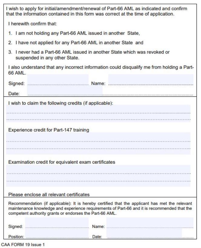 Application Form — CAA Form 19